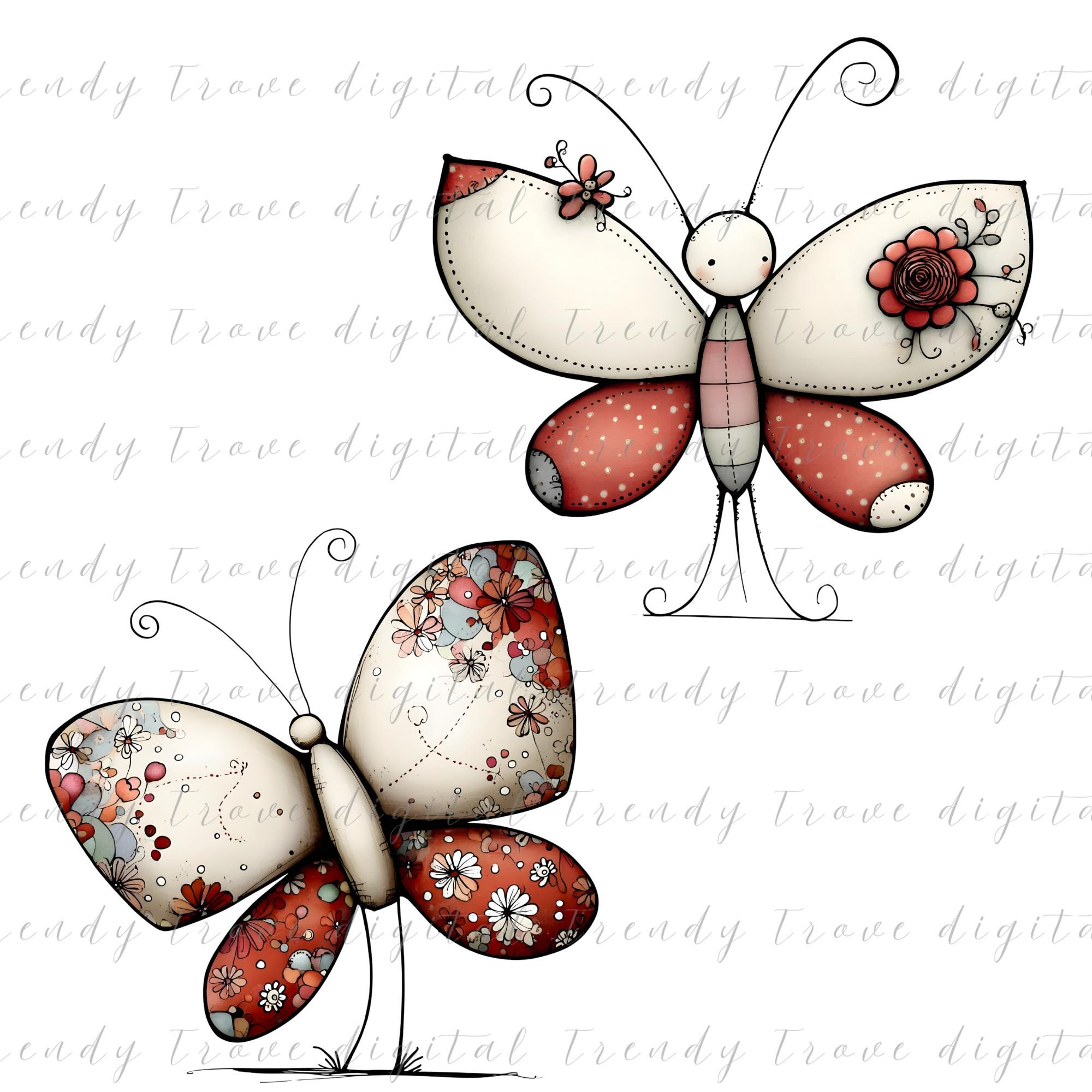 Whimsical Butterfly Clipart PNG Bundle, Floral Butterfly Illustrations ...