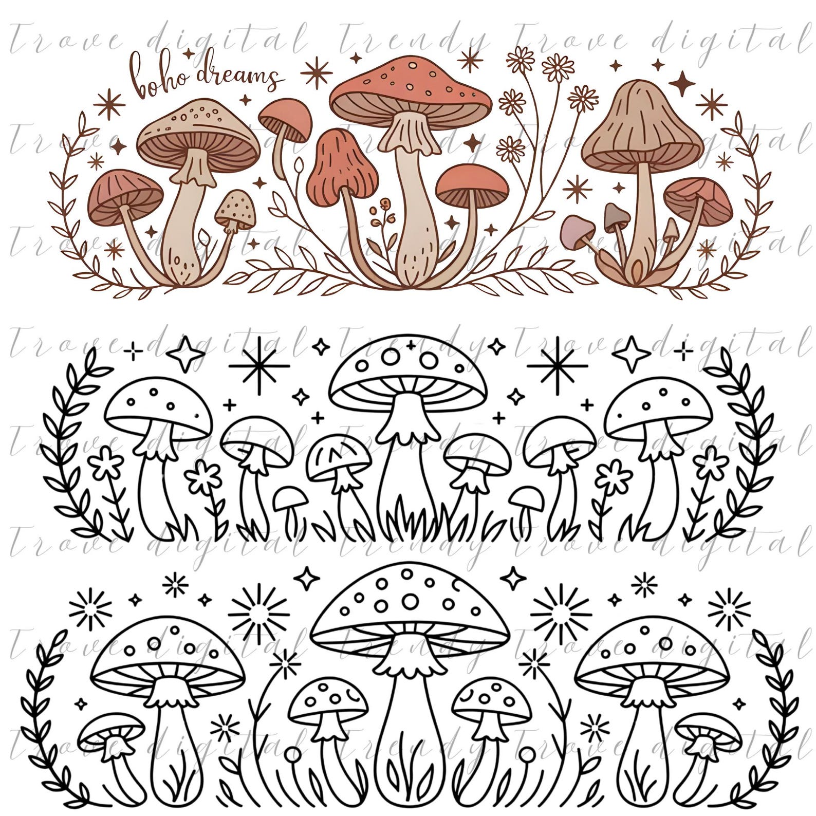 Boho Mushroom Borders & Frames: Forest Clipart Bundle (SVG, PNG ...