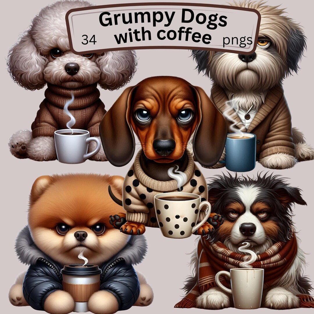 Grumpy Dogs With Coffee Clipart Bundle, Funny Dogs, Quirky Dogs, Instant Download, Commercial ...