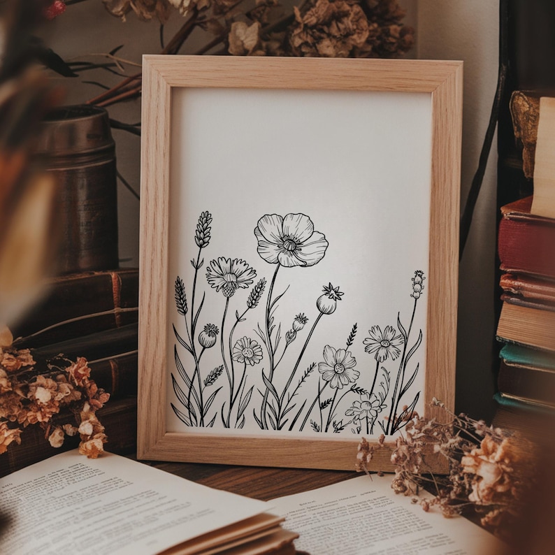 Wildflower Border SVG Bundle: Botanical Line Art Frames (digital ...