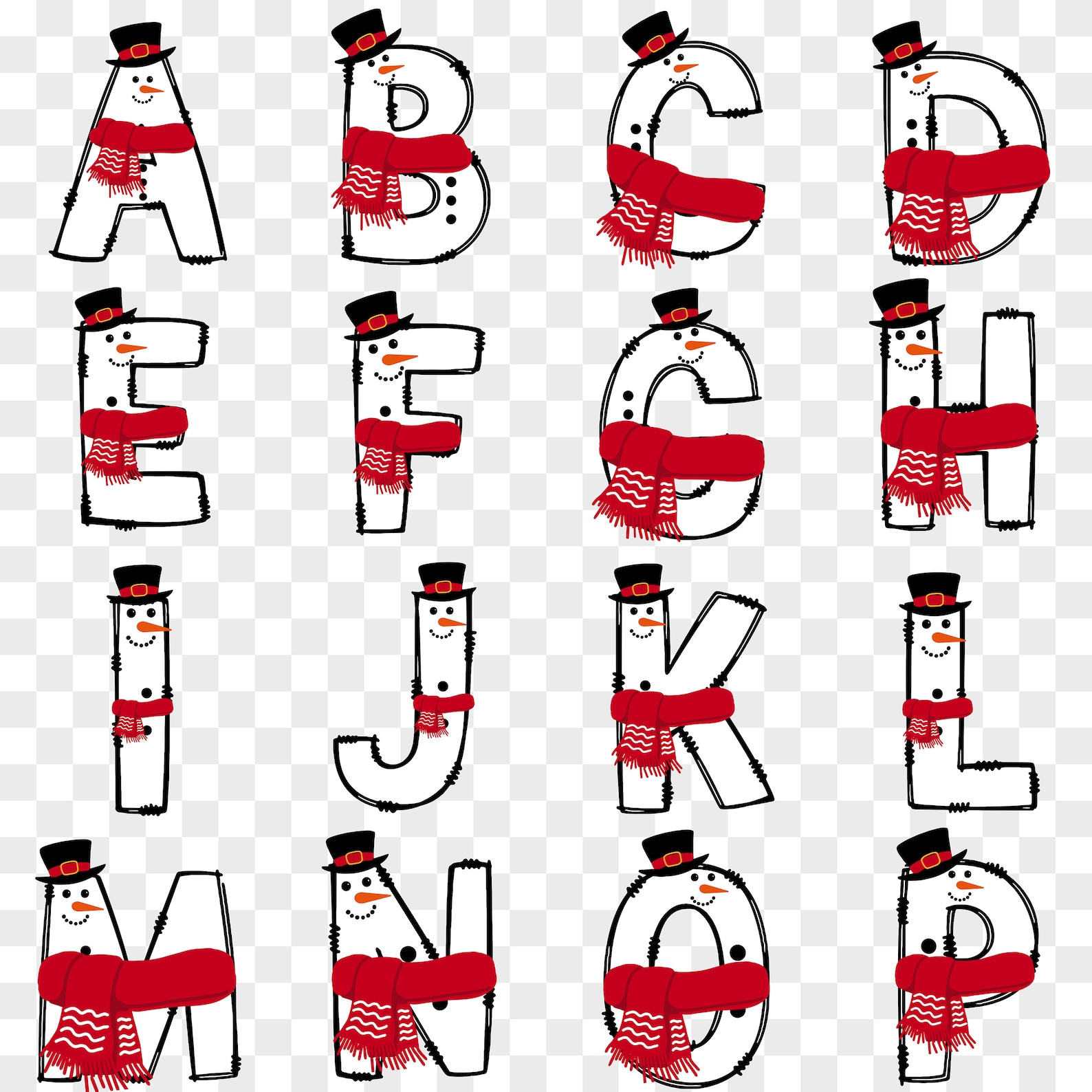 Snowman Alphabet Doodles, Uppercase and Lowercase, Fonts, Numbers, PNG ...