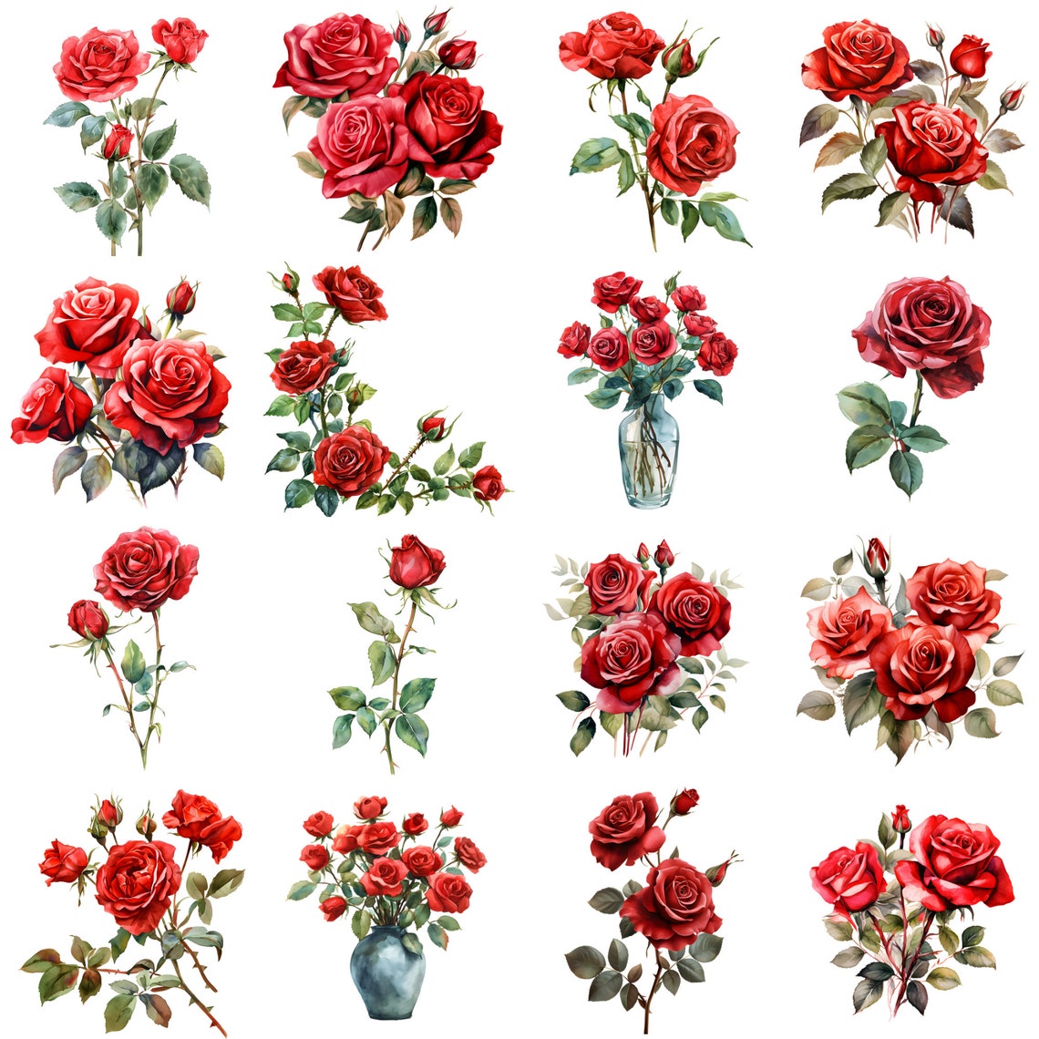 Watercolor Red Roses Clipart, 50 Rose Bundle, Single Rose, Rose Borders ...