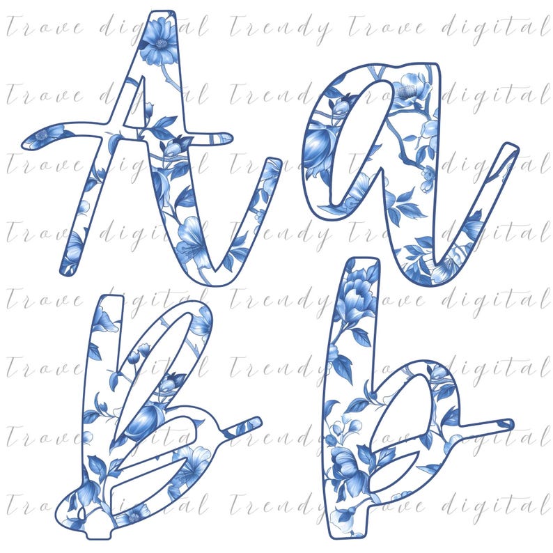 Blue Chinoiserie Floral Alphabet PNG: Elegant Monogram Font (digital ...