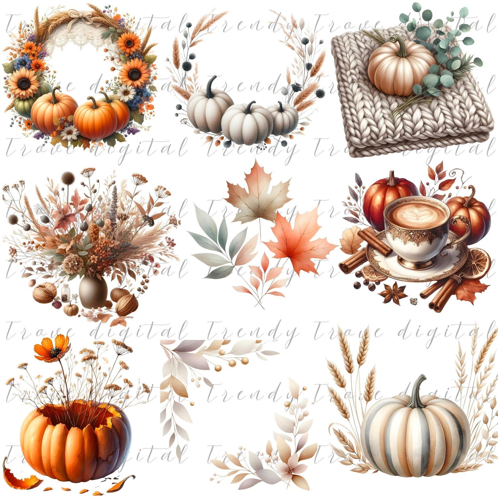Cottagecore Pumpkin Clipart Bundle: Celestial Fall Florals (PNG Digital ...