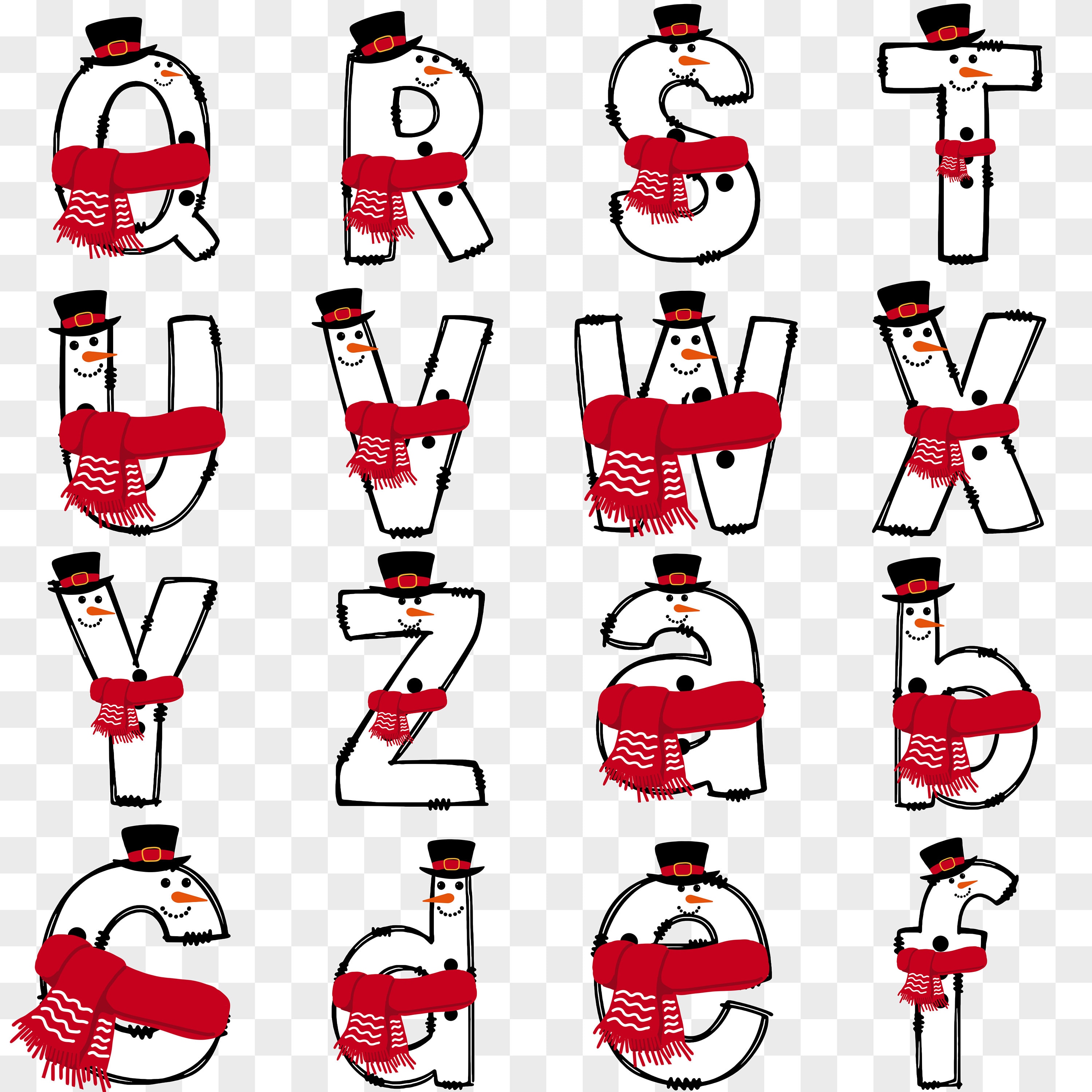 Snowman Alphabet Doodles, Uppercase and Lowercase, Fonts, Numbers, PNG ...