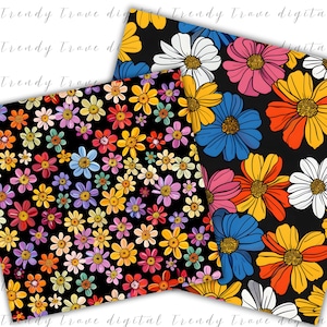 70s Retro Floral Digital Paper, Flower Seamless Pattern, Vintage ...