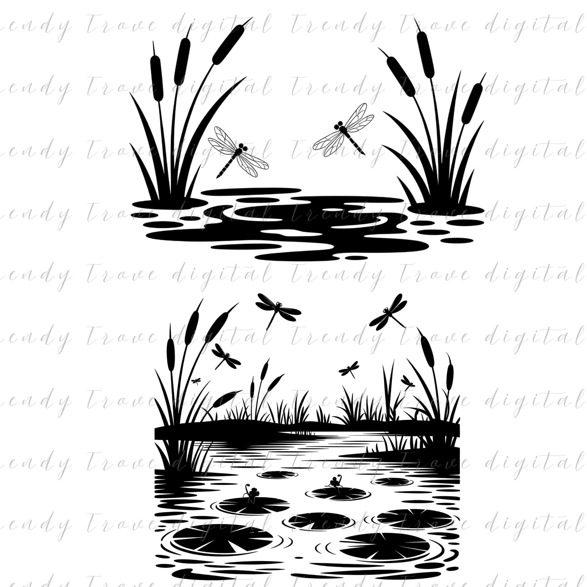 Dragonfly Pond Scene SVG Bundle: Black Silhouette Nature Borders Set - Etsy