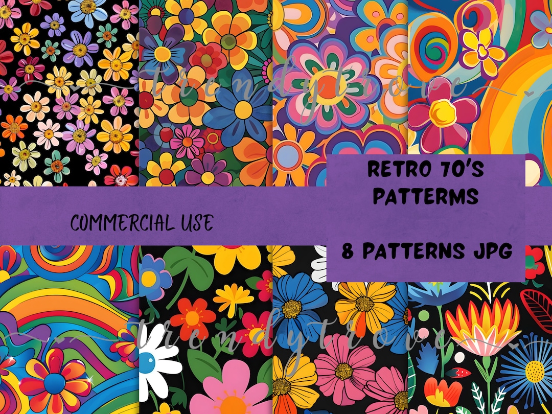 70s Retro Floral Digital Paper, Flower Seamless Pattern, Vintage ...