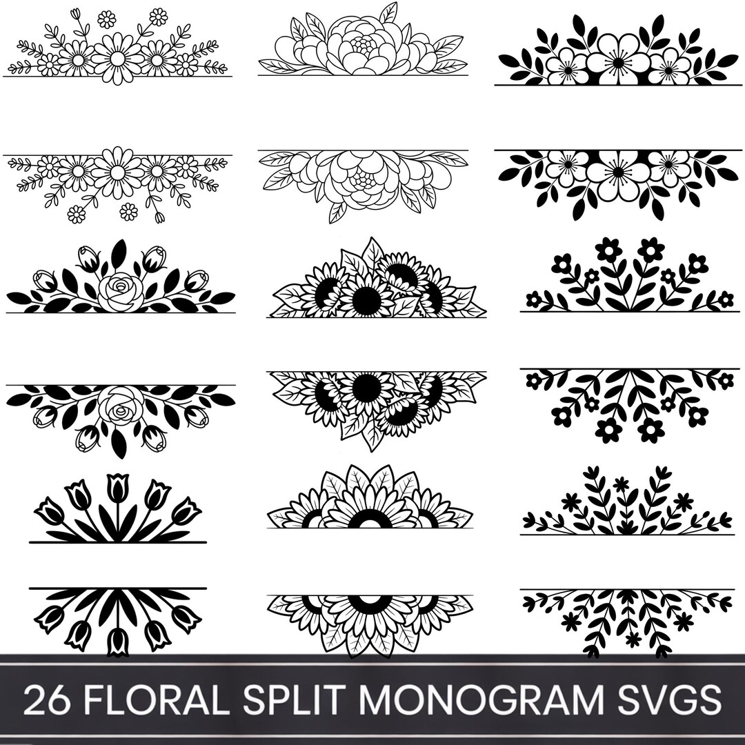 Floral Split Monogram SVG Bundle, 26 Botanical Name Frame Designs - Etsy