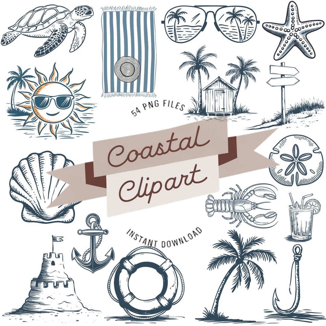 Coastal Clipart Bundle: Summer Beach Nautical PNG Illustrations ...