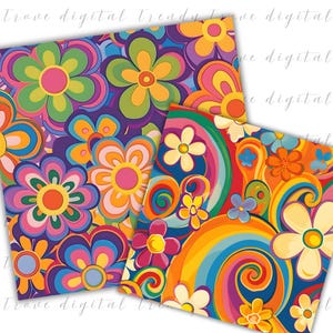 70s Retro Floral Digital Paper, Flower Seamless Pattern, Vintage ...