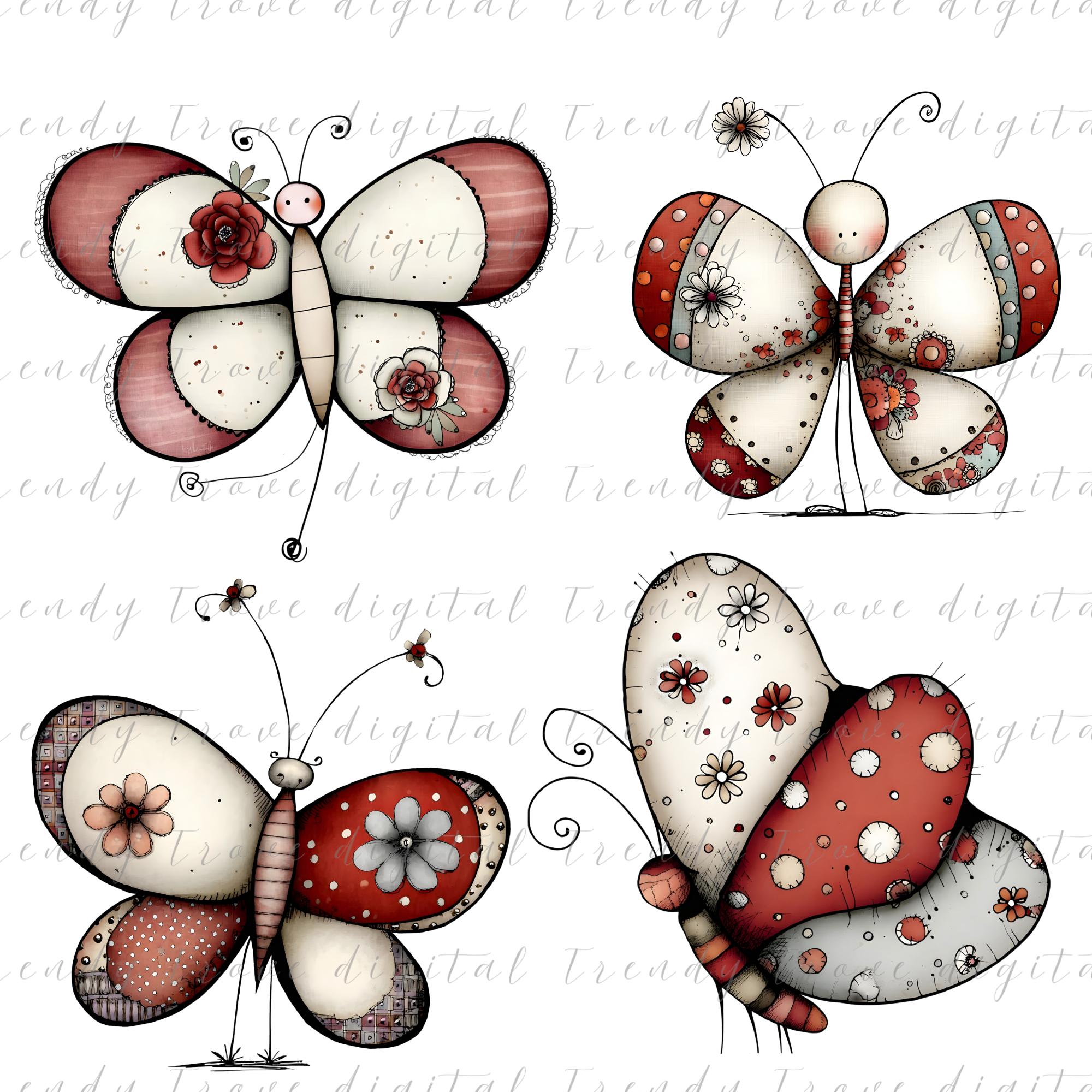 Whimsical Butterfly Clipart PNG Bundle, Floral Butterfly Illustrations ...