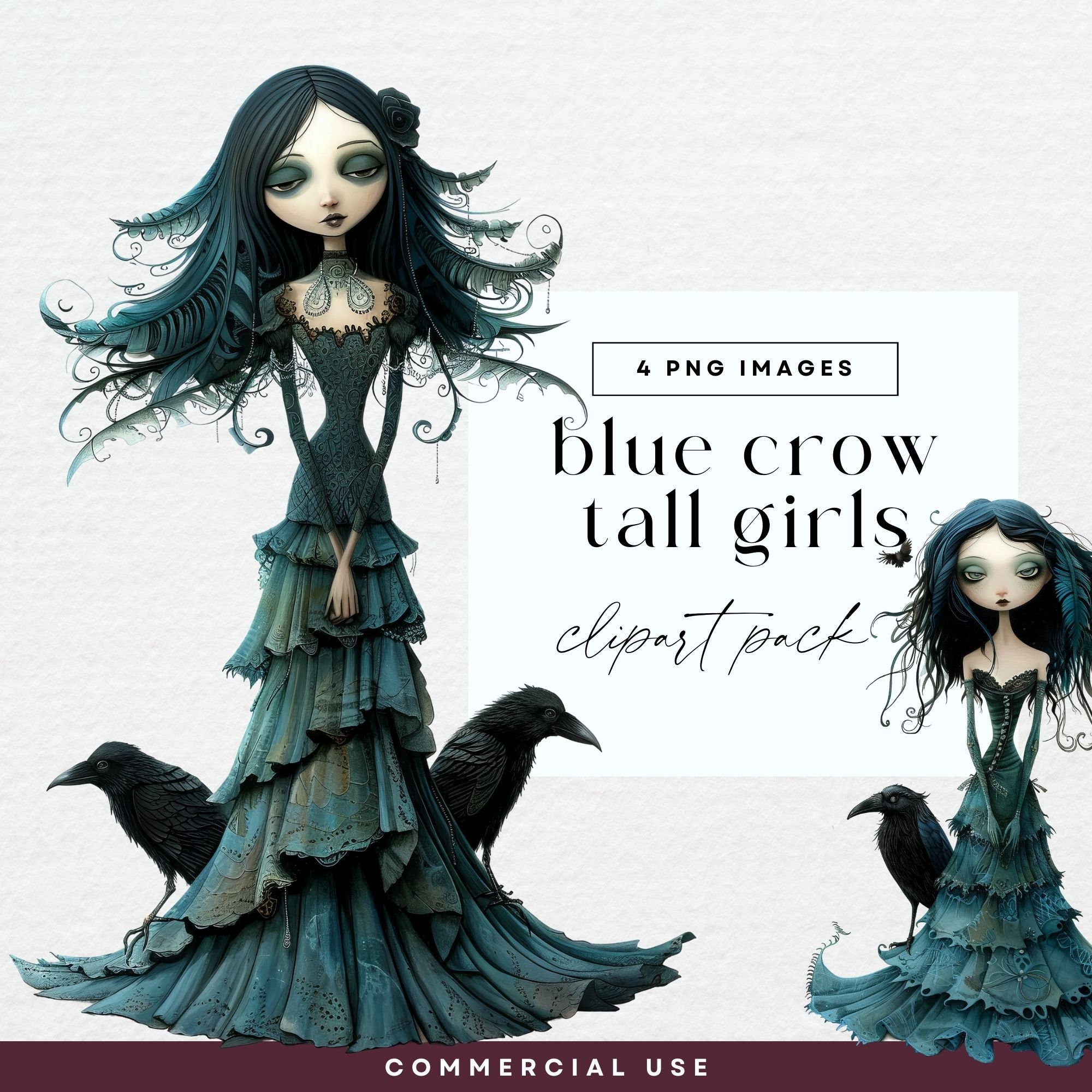 Tall Raven Bird Girl Clipart, Gothic Watercolor Paper Dolls, Junk ...