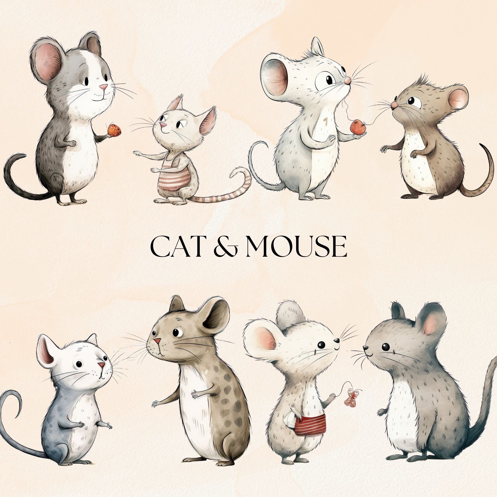Cat and Mouse Clipart Bundle, Transparent PNG, Whimsy Clip Art, Animal ...