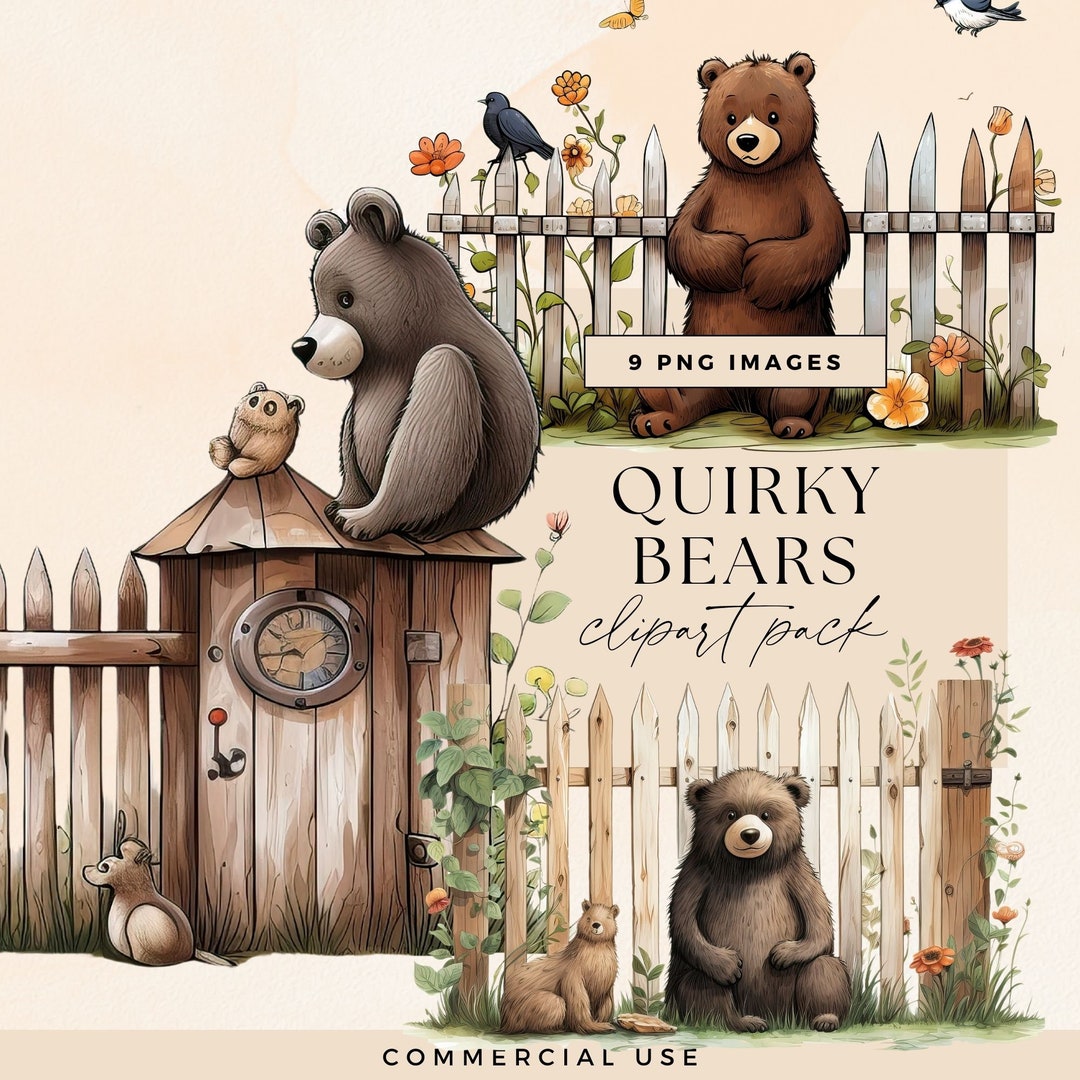 Whimsical Bear Clipart Bundle, Transparent PNG, Quirky Art, Whimsy ...