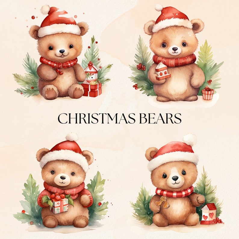 Christmas Bear PNG Clipart Bundle, Xmas Teddys Clip Art, Holiday ...