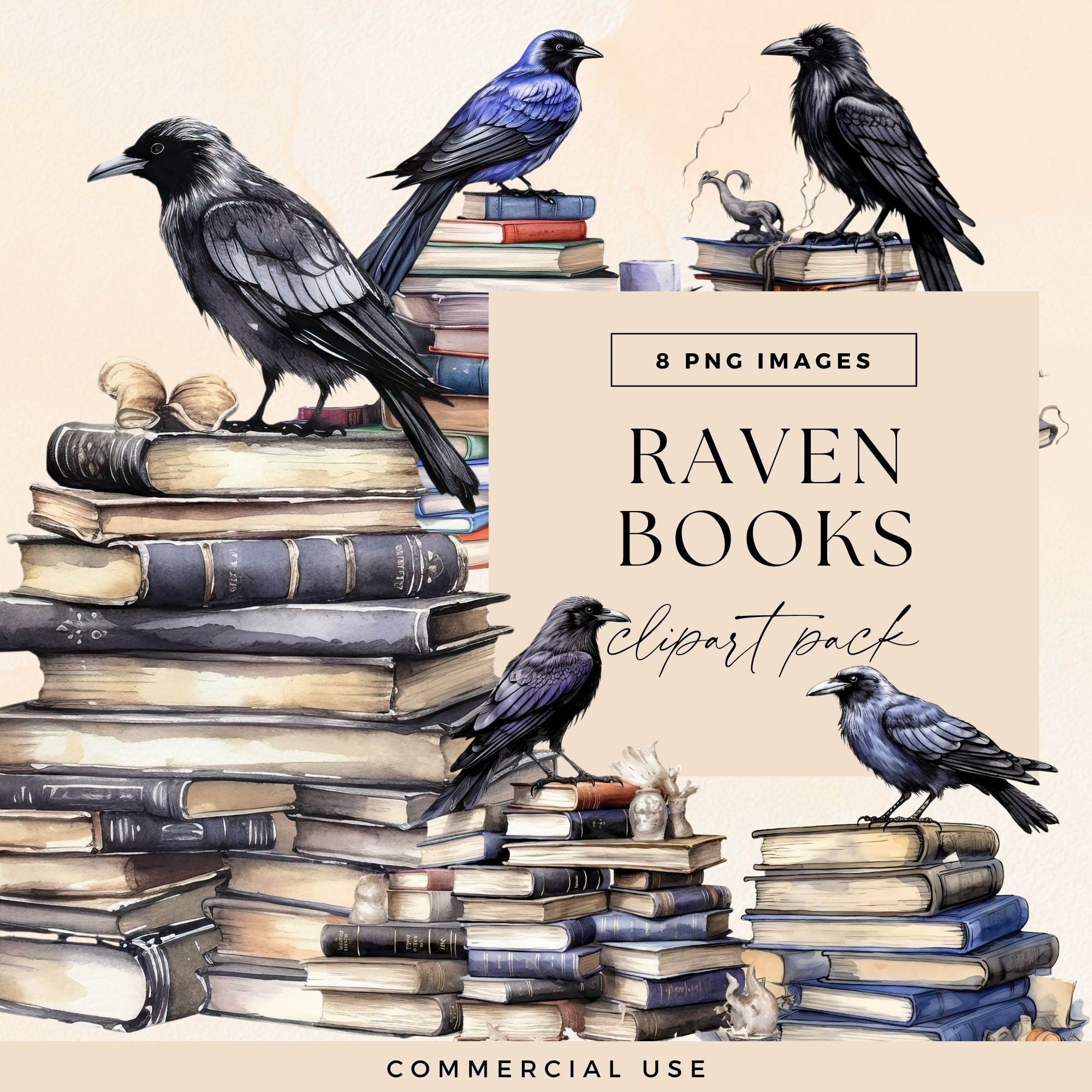 Gothic Book Stack Clipart Bundle, Transparent PNG, Raven Bookpile Clip ...