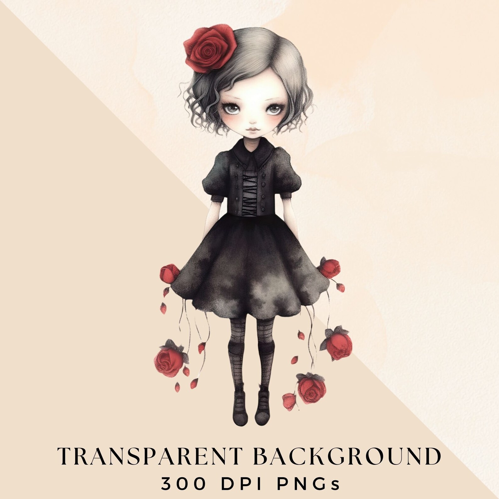 Gothic Botanical Girls Clipart Pack, Dark Red Goth Girls, Transparent ...