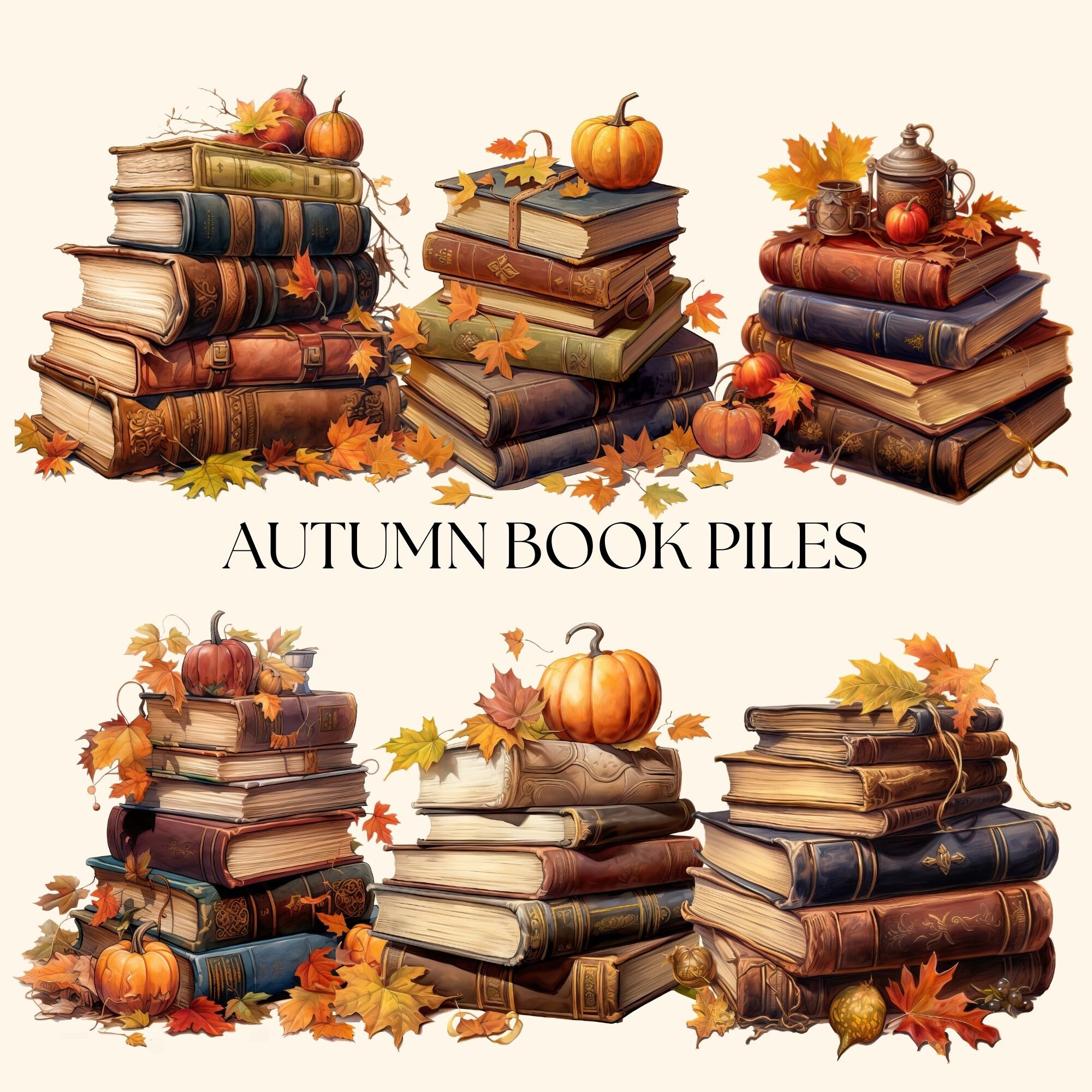Autumn Books Clip Art Pack, Fall Leaves Library Clipart, Book Pile ...