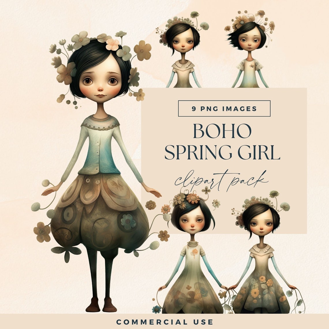 Boho Spring Girl Clipart Pack PNG Cute Floral Springtime - Etsy
