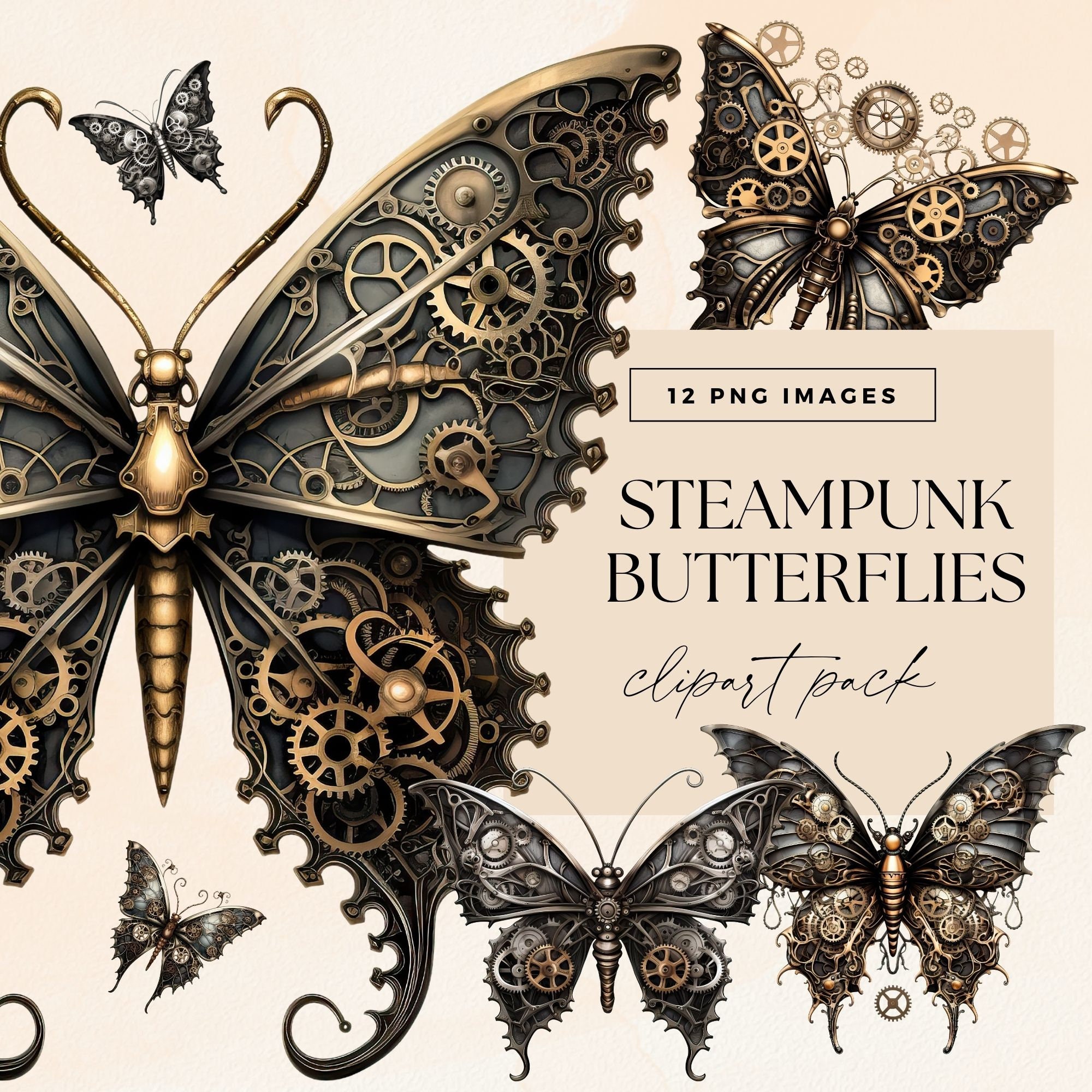 Steampunk Butterflies Clipart Kit Transparent PNG Junk - Etsy