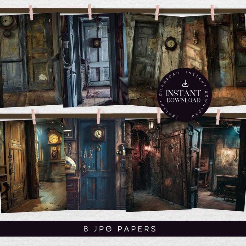 Grunge Escape Room Digital Backdrop, Hidden Door Scene, Scrapbook, Dark ...