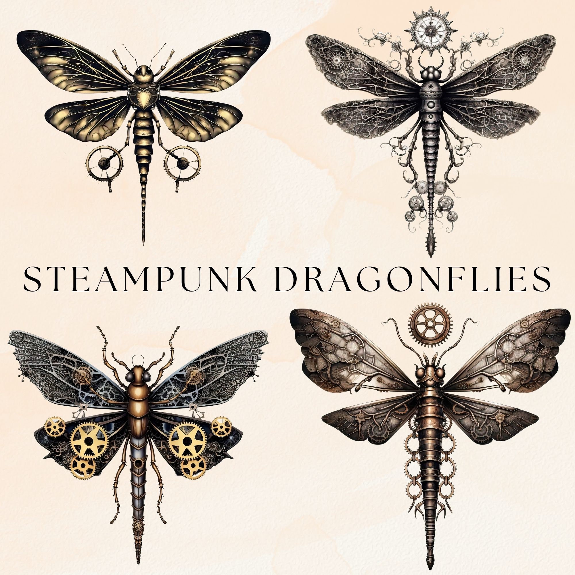 Steampunk Dragonflies Clipart Kit, Transparent PNG, Junk Journal Dragonfly Ephemera, Mechanical ...