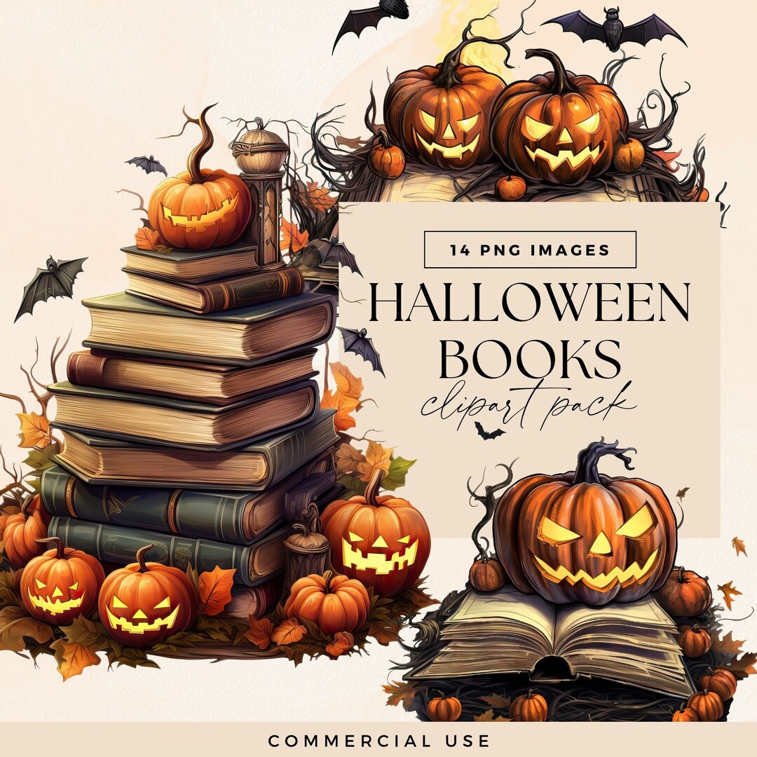 Halloween Book Clipart, Pumpkin Book Pile Clip Art, Fantasy Stacked ...