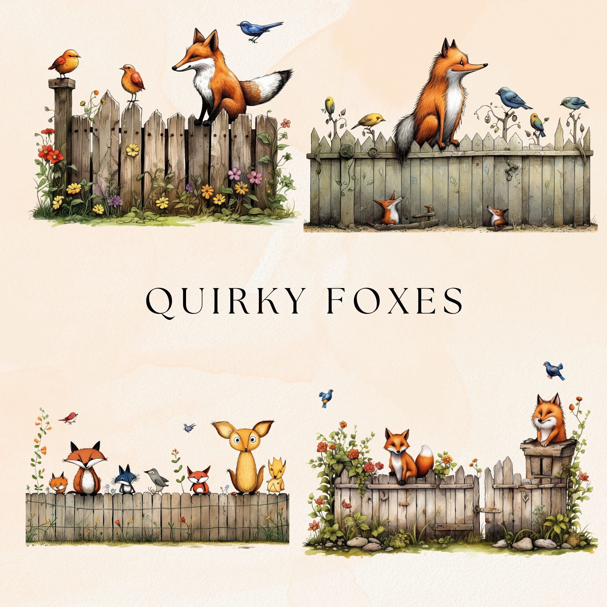 Whimsical Fox Clipart Bundle, Transparent PNG, Quirky Art, Cute Animals ...