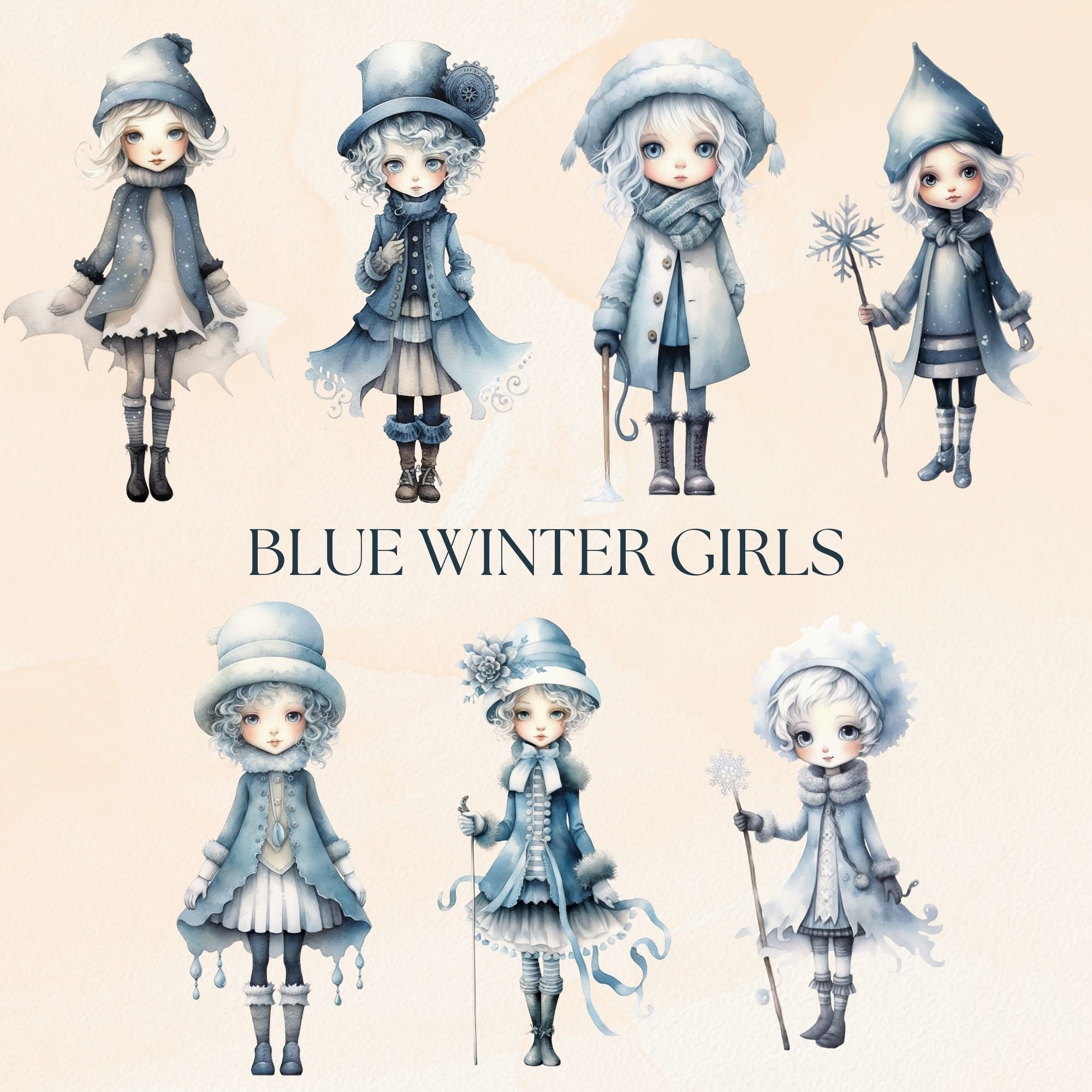 Winter Character Clipart Pack, Transparent PNG, Watercolour Blue Girls ...