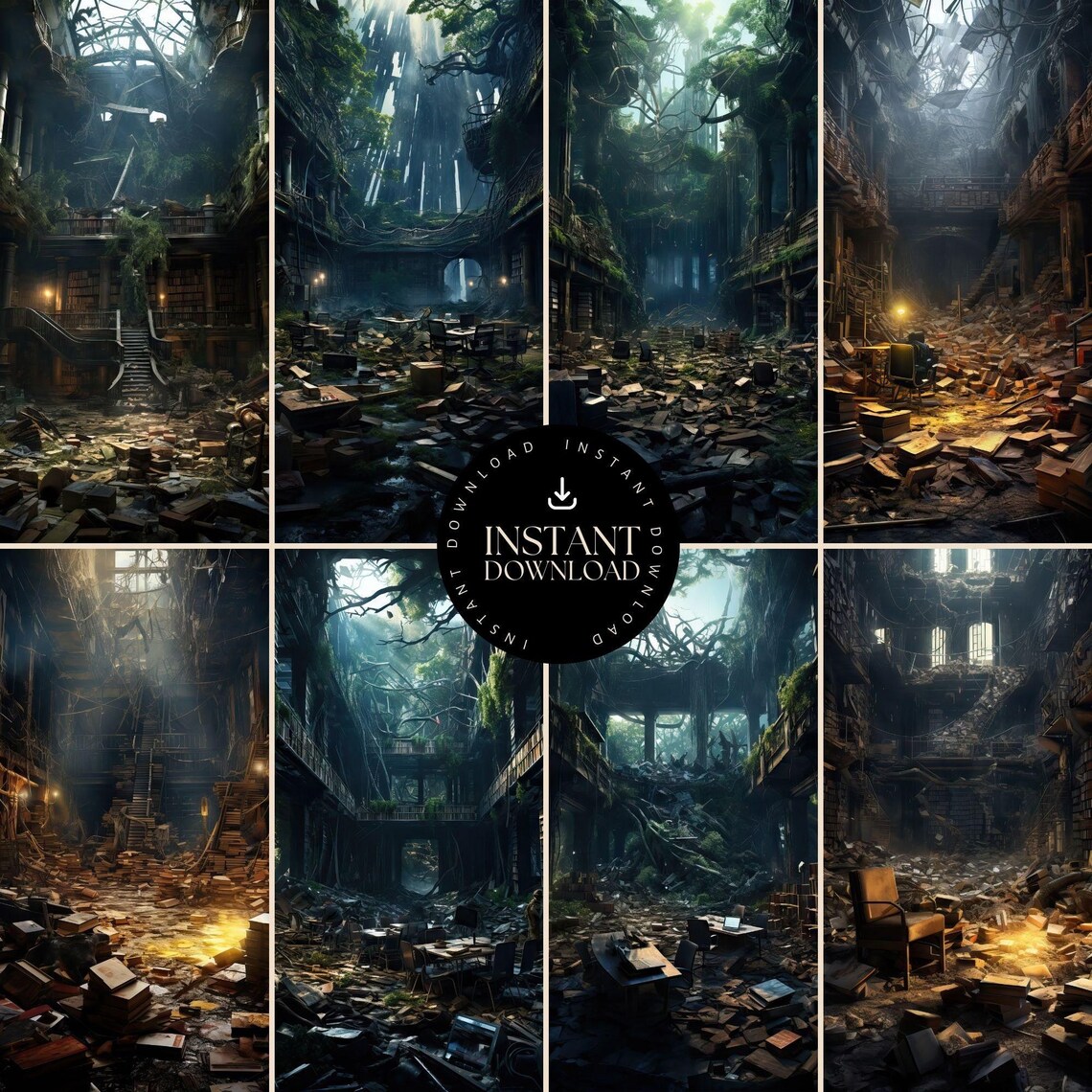 Post Apocalyptic Library Digital Papers, INSTANT DOWNLOAD, Book Lover ...