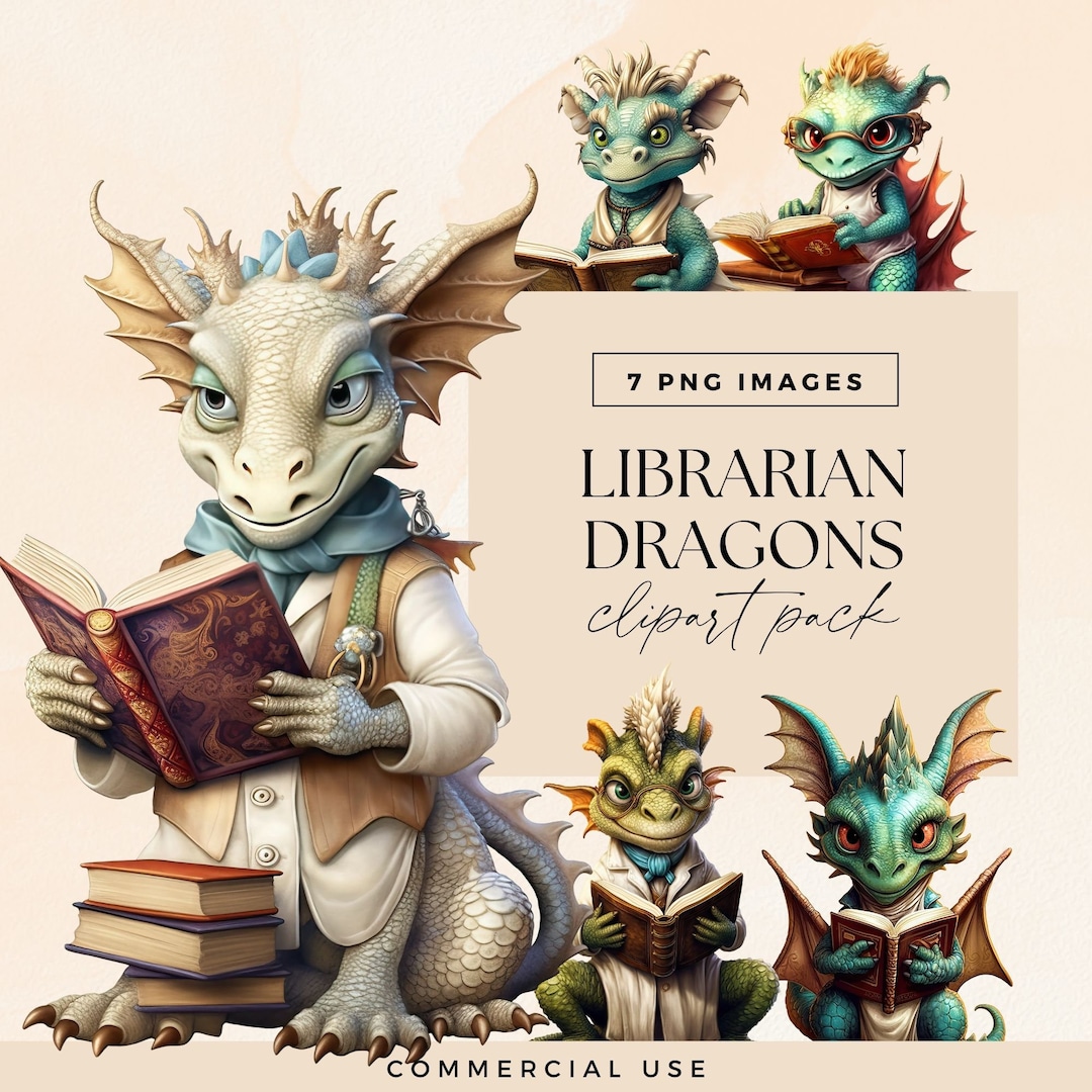 Magical Dragon Librarian Clipart, Fantasy Book Pile Clip Art, Quirky ...