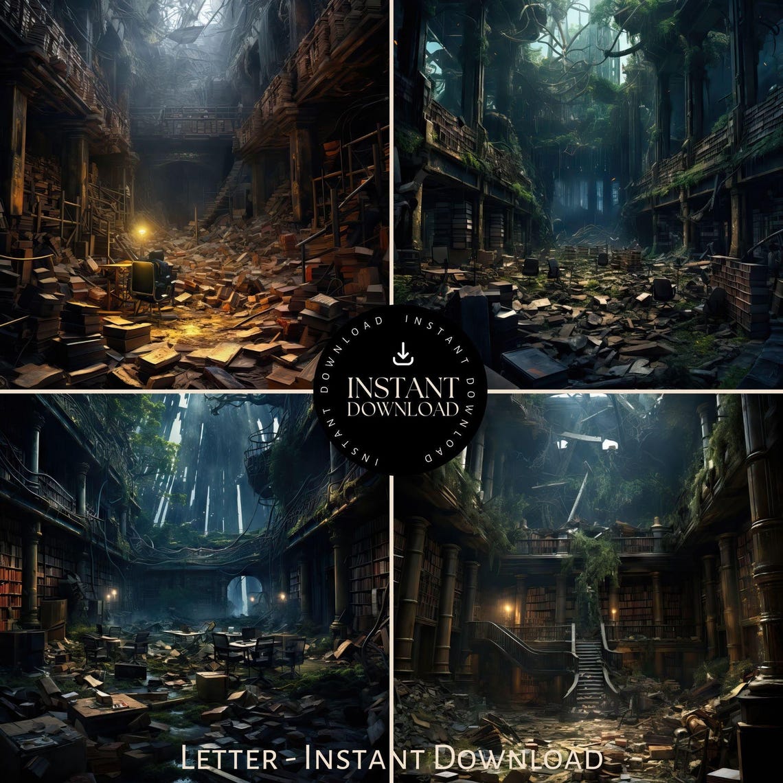 Post Apocalyptic Library Digital Papers, INSTANT DOWNLOAD, Book Lover ...
