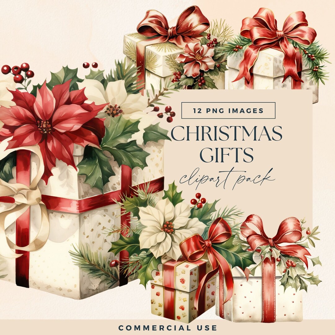 Vintage Christmas Clipart, Watercolour Xmas Gift Boxes Clip Art ...