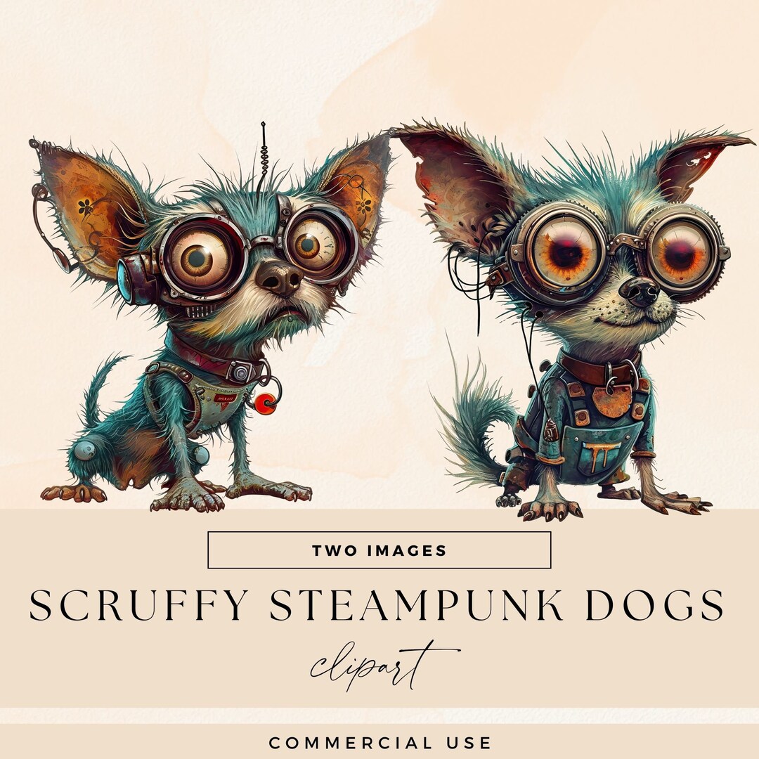 Scruffy Steampunk Dogs Clipart Bundle, Transparent PNG, Whimsical Puppy ...