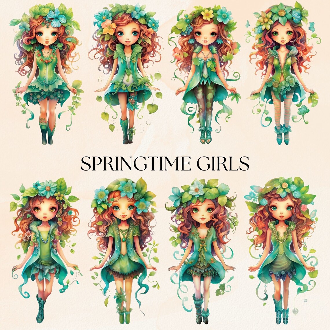 Spring Girl Clipart Pack PNG, Watercolor Cute Springtime Doll Clip Art ...