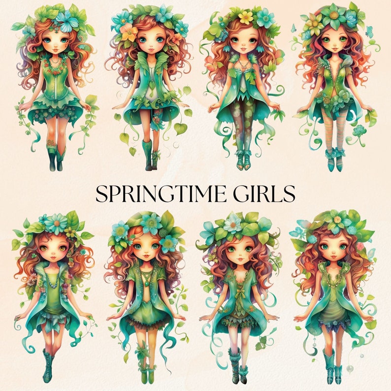 Spring Girl Clipart Pack PNG, Watercolor Cute Springtime Doll Clip Art ...