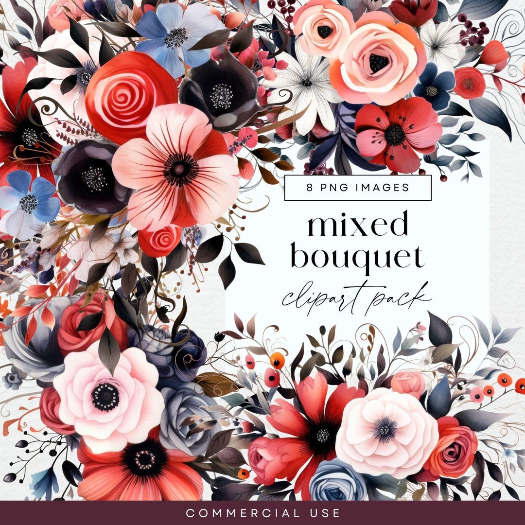 Mixed Red Floral Bouquet Clipart, PNG, Wedding Invite Flower ...