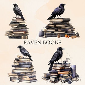 Gothic Book Stack Clipart Bundle, Transparent PNG, Raven Bookpile Clip ...