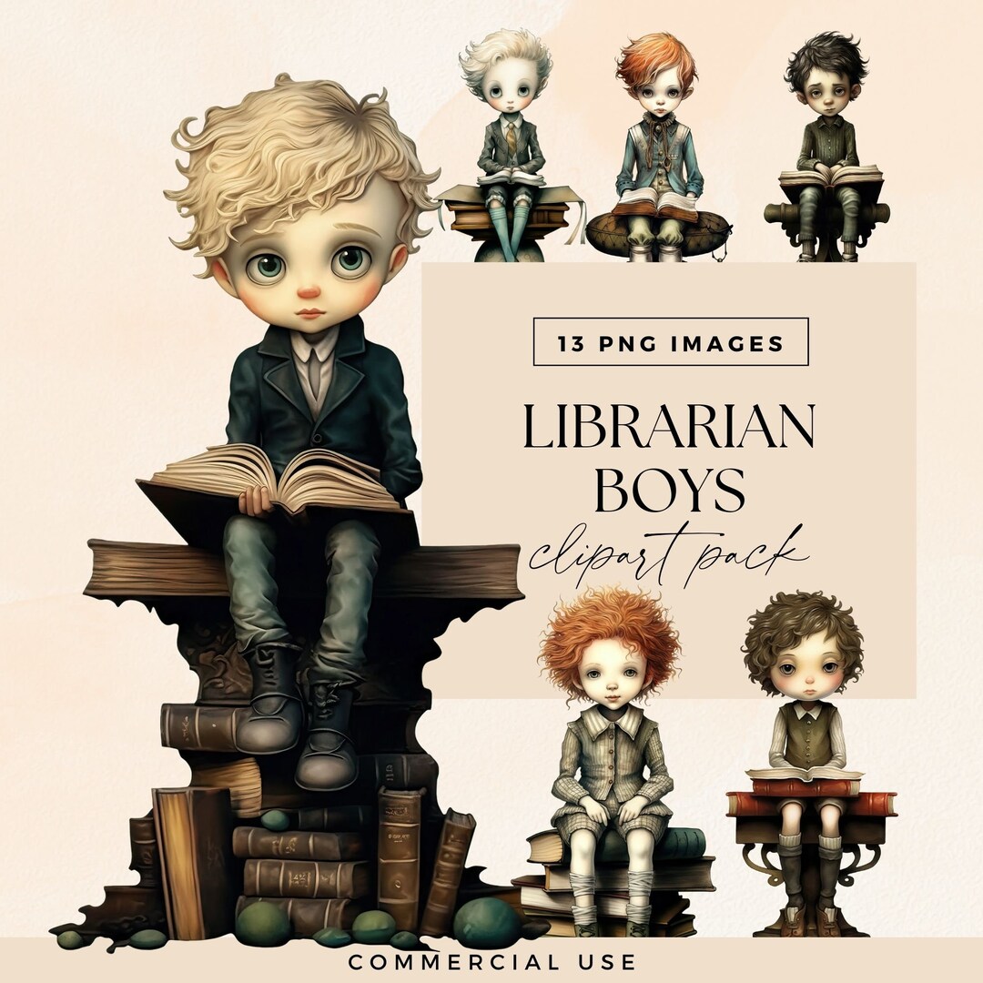Quirky Librarian Boys Clipart, Library Book Pile Clip Art, Bookish Junk ...