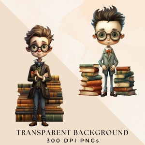 Quirky Librarian Boys Clipart, Library Book Pile Clip Art, Bookish Junk ...