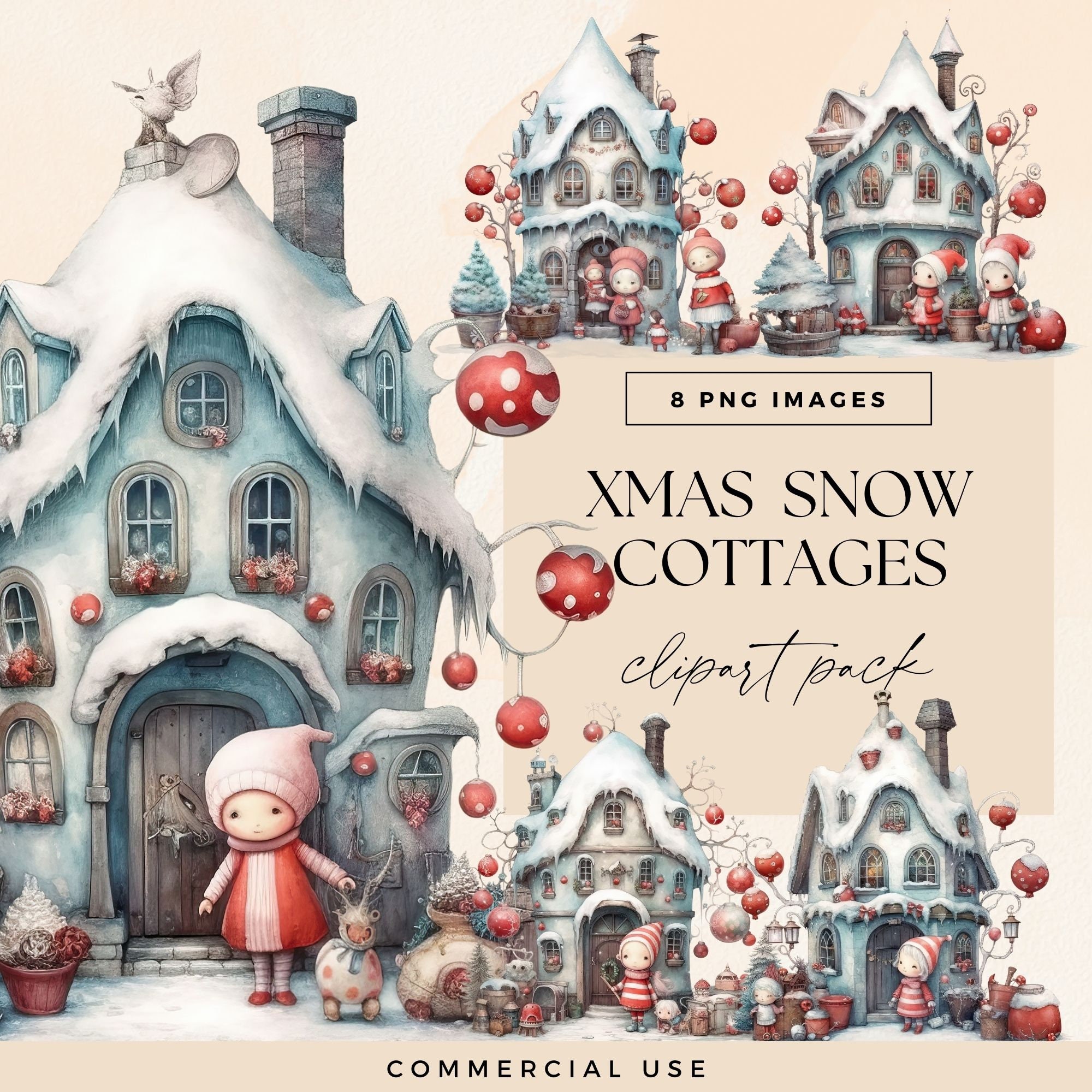 Christmas Cottage Clipart, Winter House Clip Art, White Xmas Ornaments ...