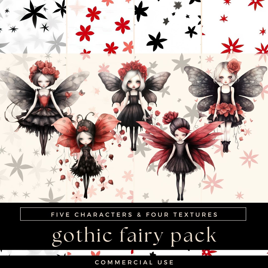 Gothic Fairy Clipart Watercolour Pack, Red Goth Floral Texture ...