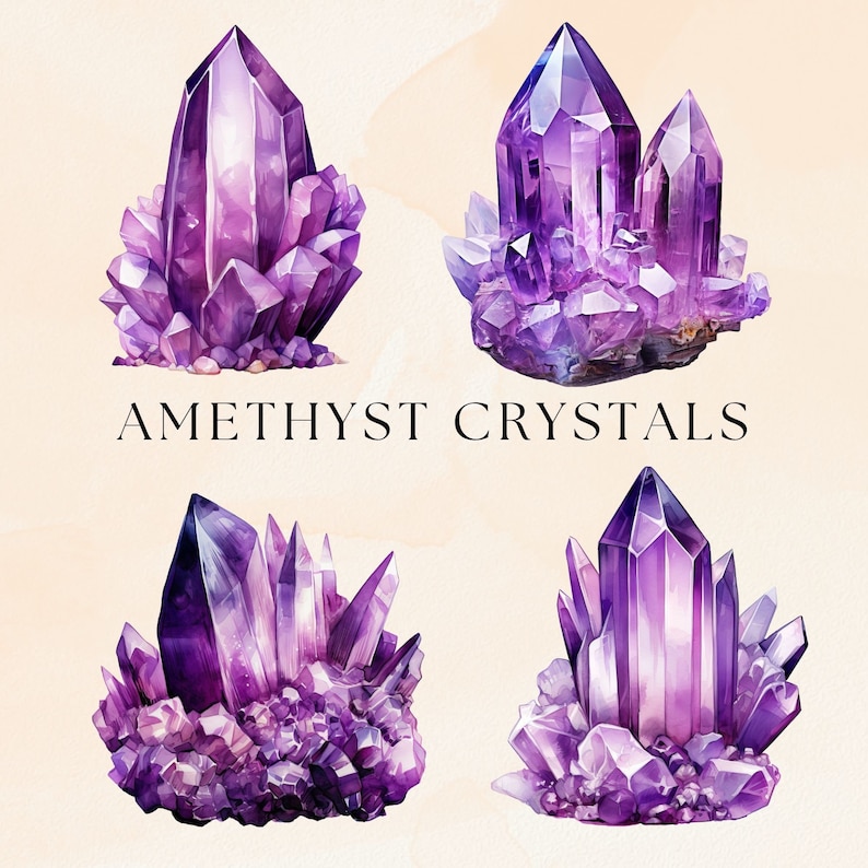 Amethyst Crystal Clipart Pack Watercolor Clip Art Mystical - Etsy