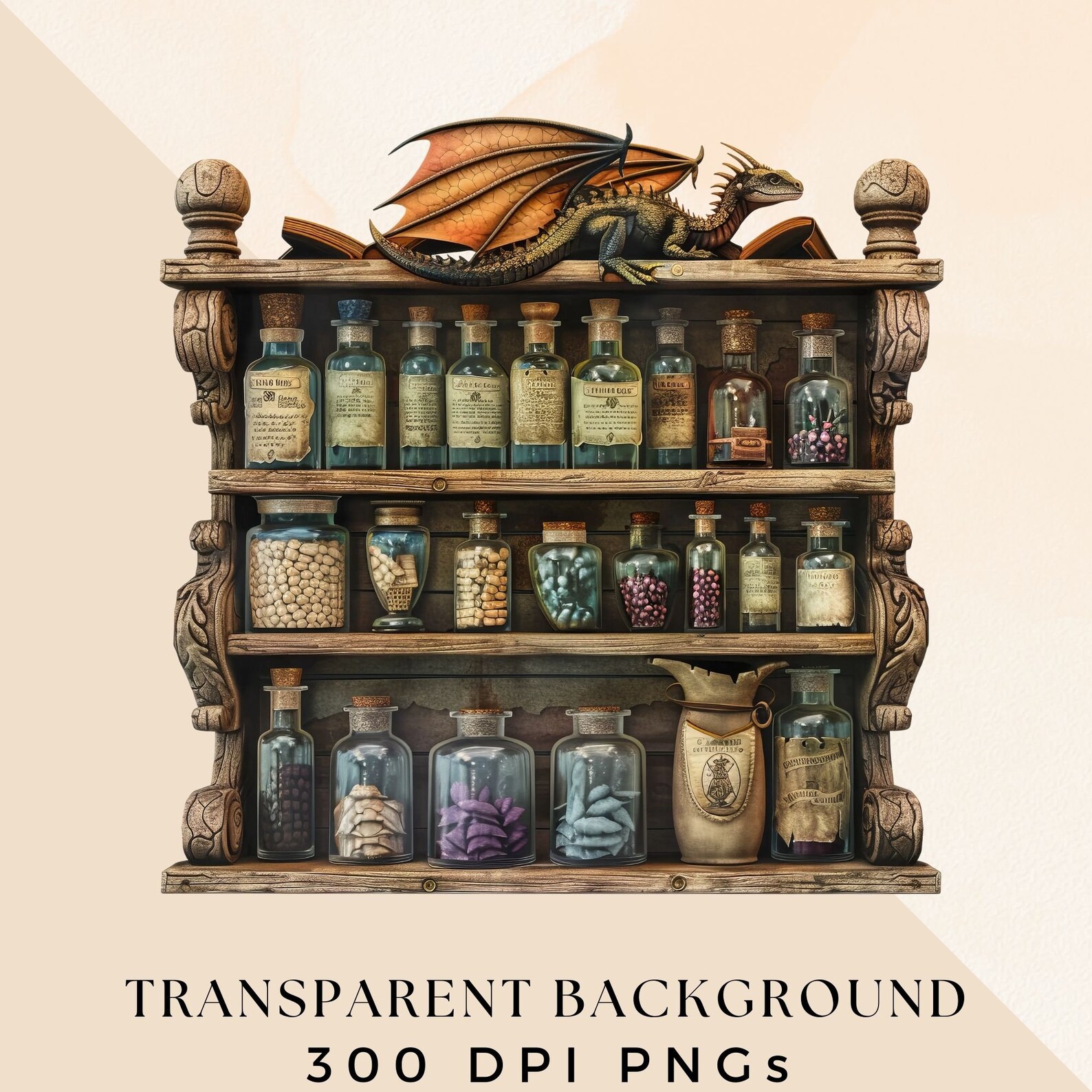Vintage Apothecary Clipart Pack, Dragon Shelf Clip Art, Transparent PNG ...