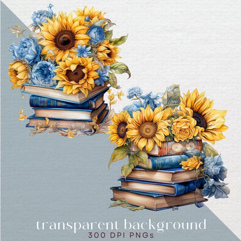 Sunflower Book Pile Clipart, Wedding Shower Invite Clip Art, Botanical ...