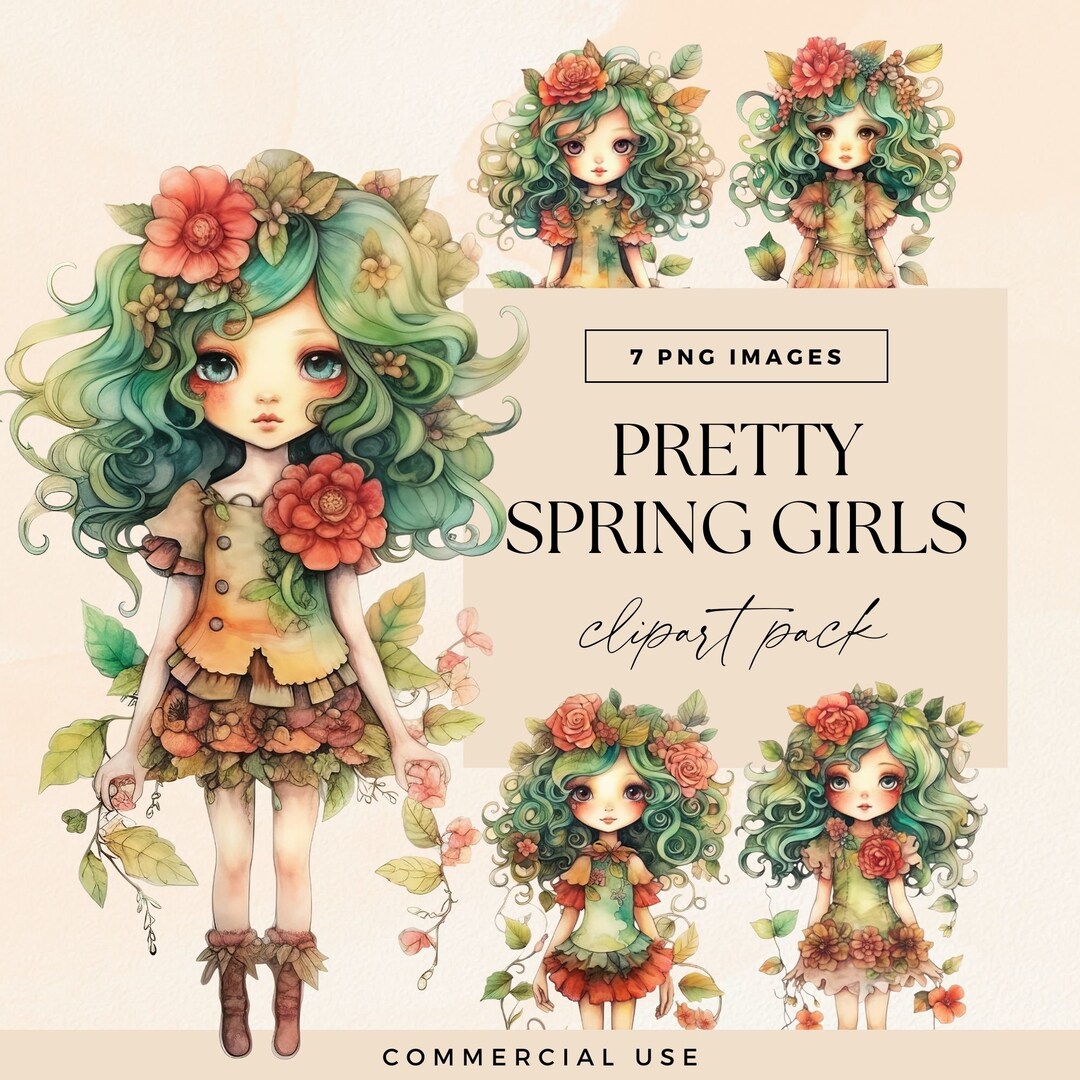 Spring Girl Clipart Pack PNG, Watercolor Cute Springtime Doll Clip Art ...