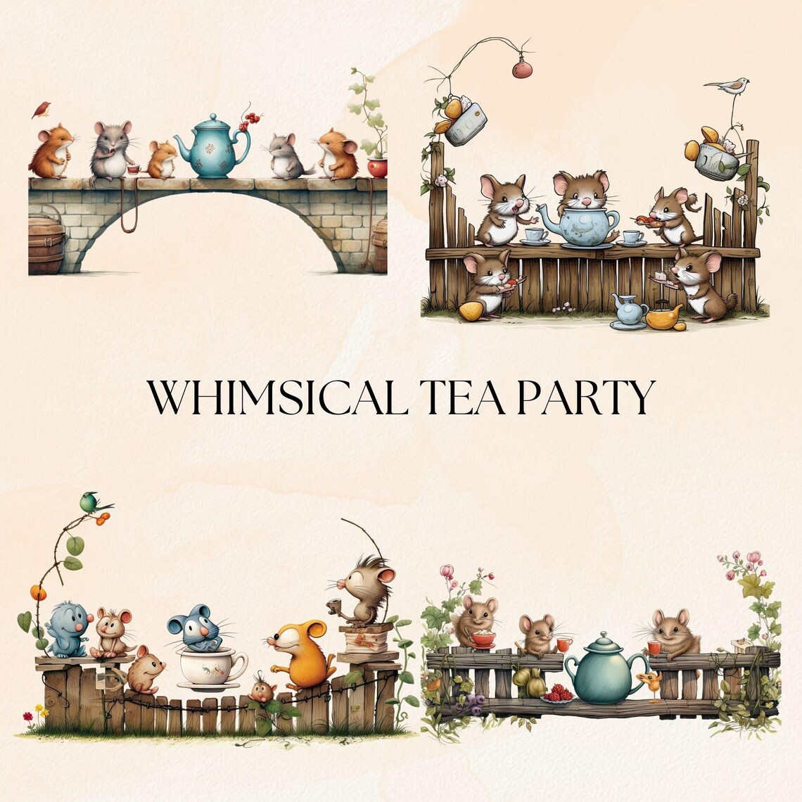 Animal Tea Party Clipart Bundle, Transparent PNG, Quirky Mice Art ...