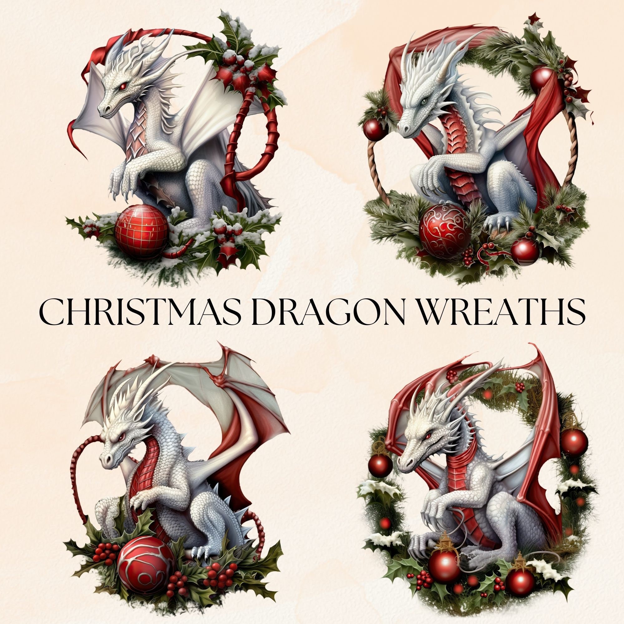 Dragon Christmas Wreath Clipart Bundle, Xmas Fantasy Clip Art ...