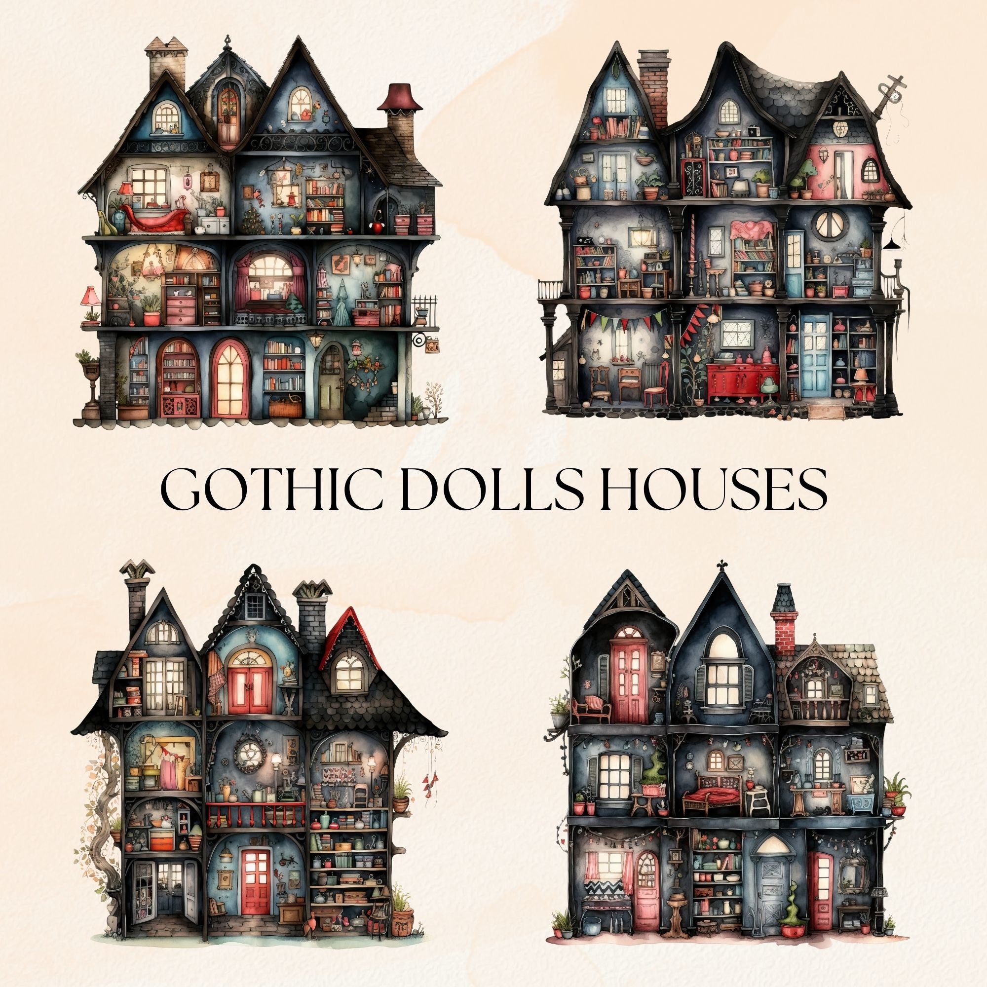 Gothic Doll House Clipart Pack, Halloween Dollshouse, Victorian Wooden ...